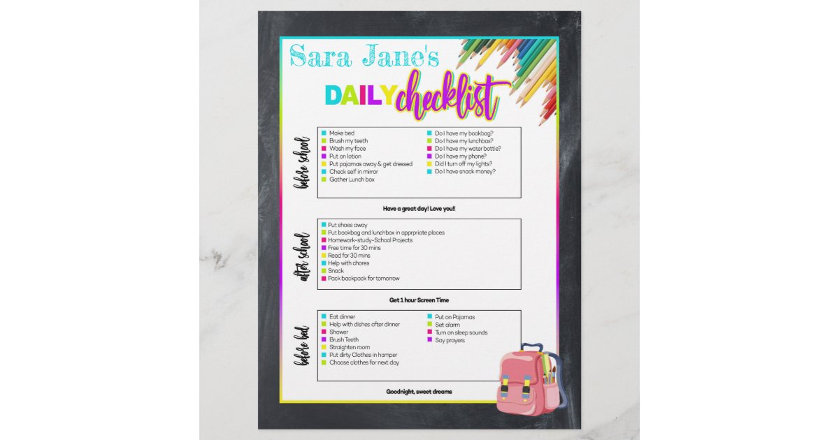 Kids Daily School Checklist Chart Flyer | Zazzle
