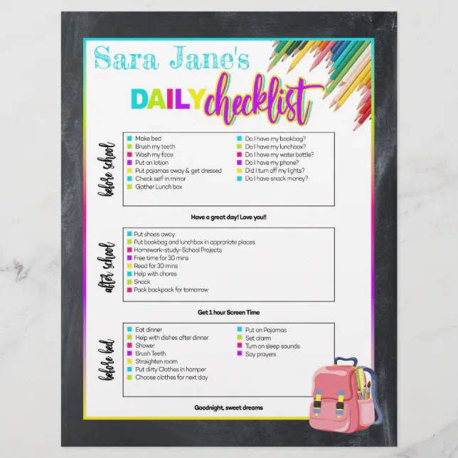Kids Daily School Checklist Chart Flyer | Zazzle