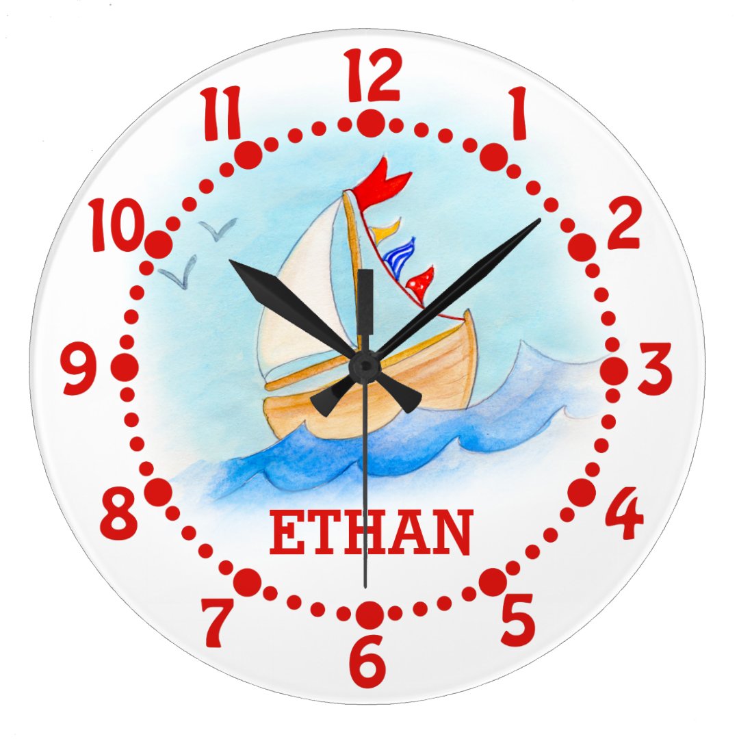 Kids name sailing boat art blue white wall clock | Zazzle