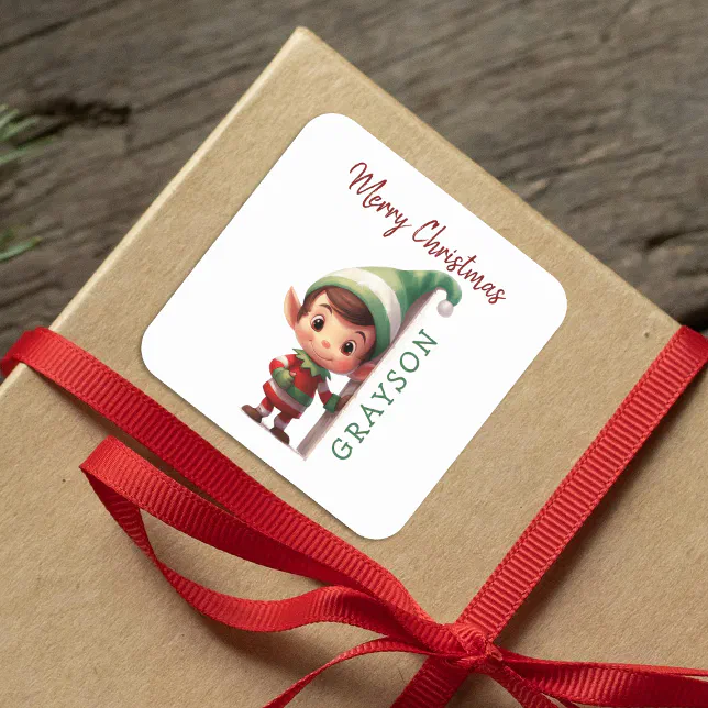 Kids Personalised Elf Christmas Square Sticker | Zazzle