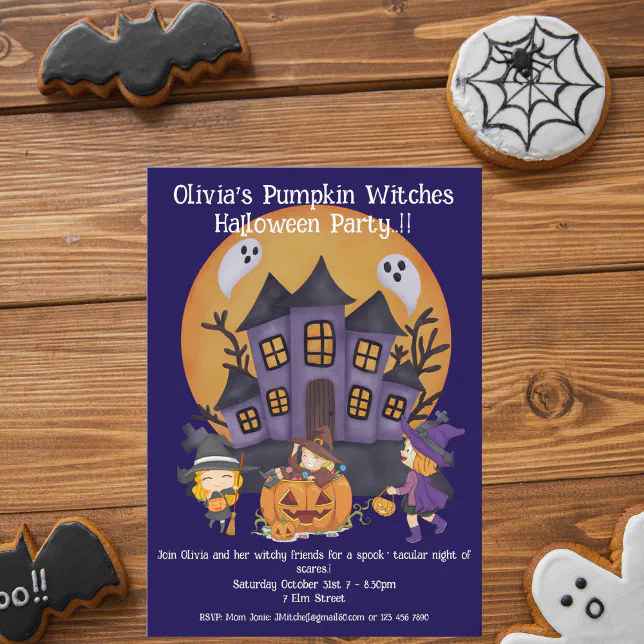 Kids Pumpkin Witches Halloween Party Invitation | Zazzle