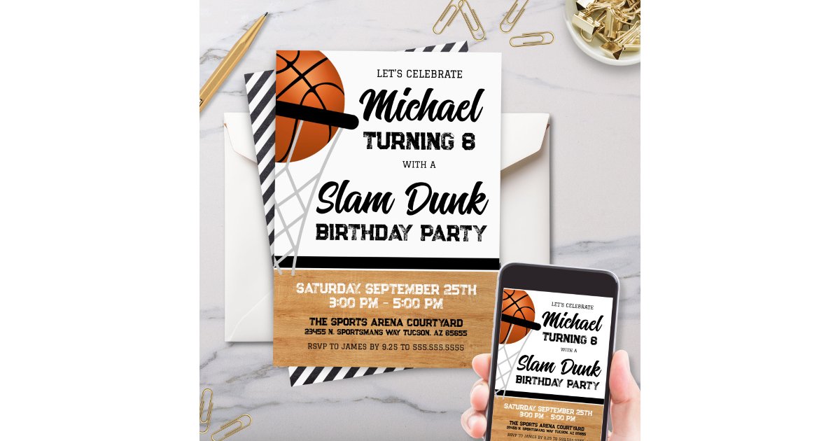 Kids Slam Dunk Basketball Birthday Party Invitation | Zazzle