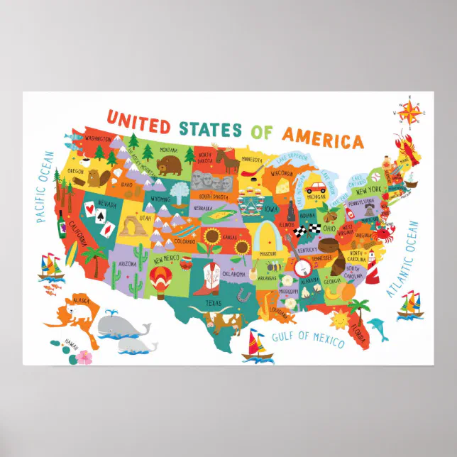 Kids US Map Whimsical Cartoon Art United States Poster | Zazzle