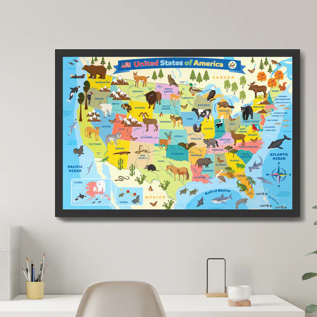 Kids US Map Whimsical Cartoon Art United States Poster | Zazzle