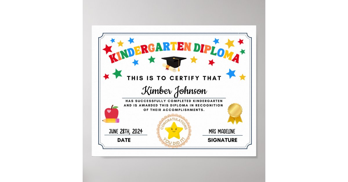 Kindergarten Graduation Certificate Poster | Zazzle
