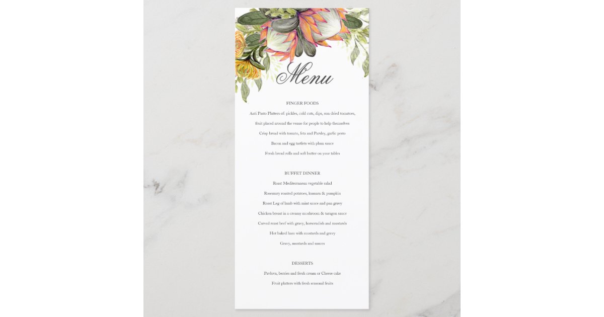 King Protea Bouquet Wedding Menu | Zazzle