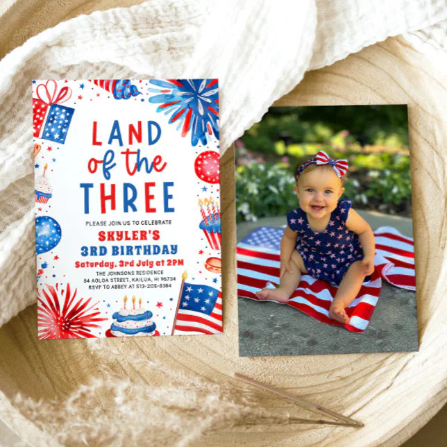 Land of the Three 4th July Patriotic 3rd Birthday Invitation | Zazzle