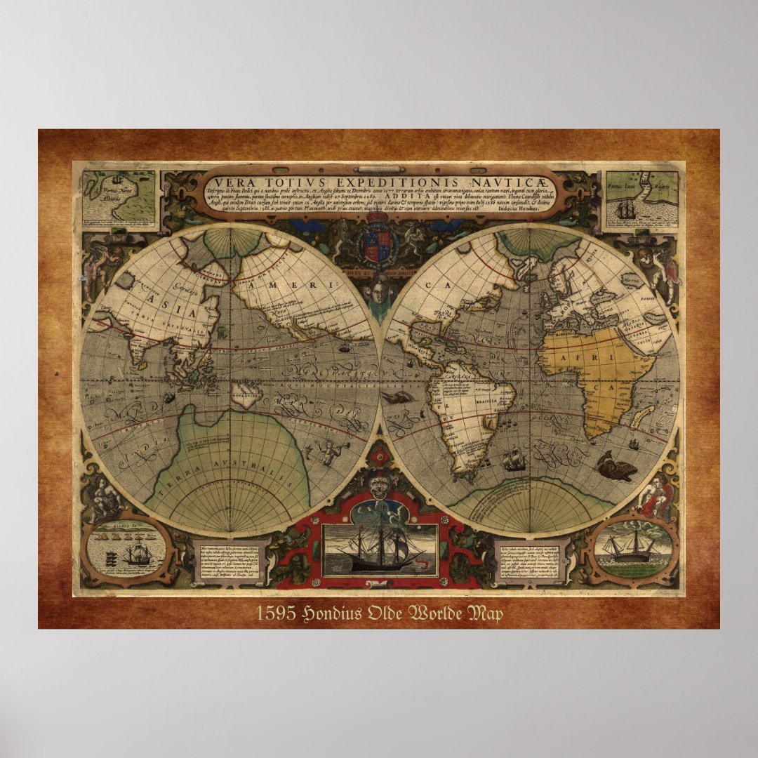 Large "1595 World Map of Hondius" Historic Map Poster | Zazzle