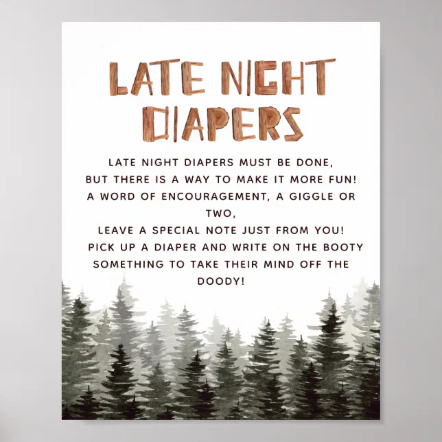 Late Night Diapers Woodland Baby Shower Games Poster | Zazzle