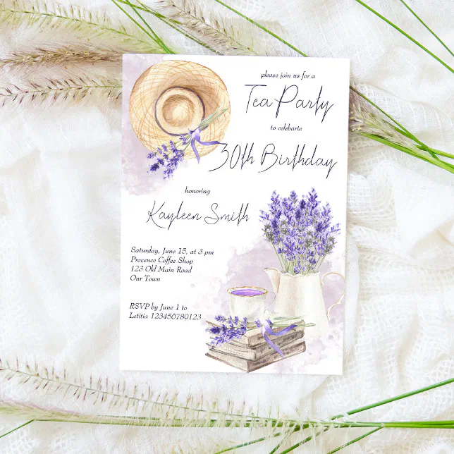 Lavender cup of tea, romantic tea party birthday invitation | Zazzle