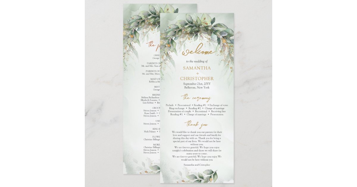 Lavish greenery foliage gold frame wedding program | Zazzle