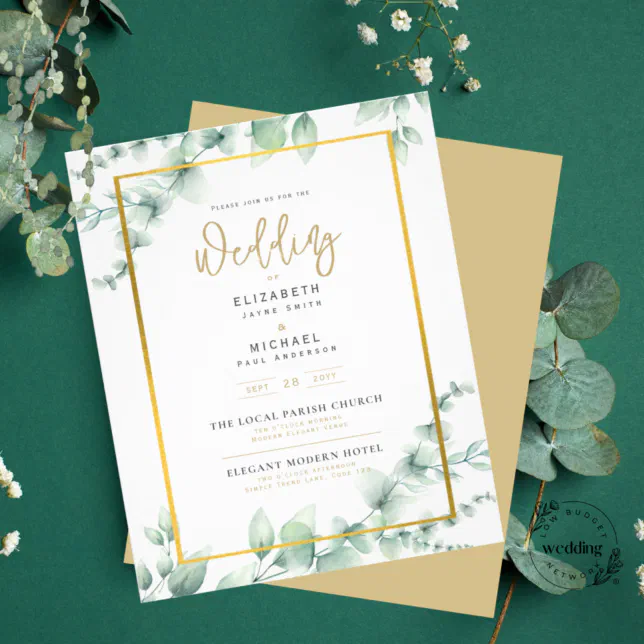 LeahG Eucalyptus Greenery Gold WEDDING QR CODE Inv | Zazzle
