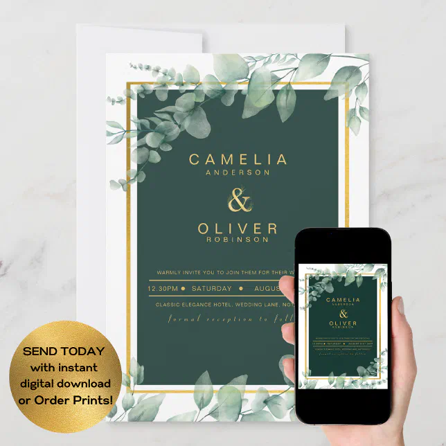 LeahG Eucalyptus Greenery Gold WEDDING QR CODE Inv Invitation | Zazzle