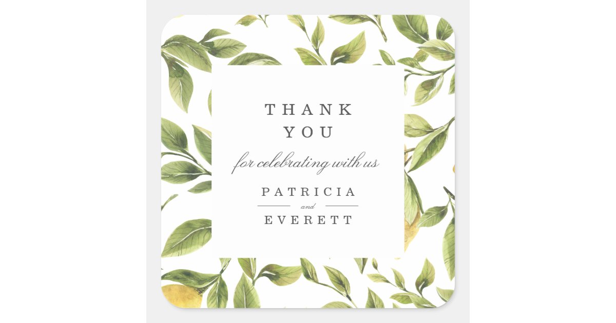 Lemons and leaves thank you personalised wedding square sticker | Zazzle