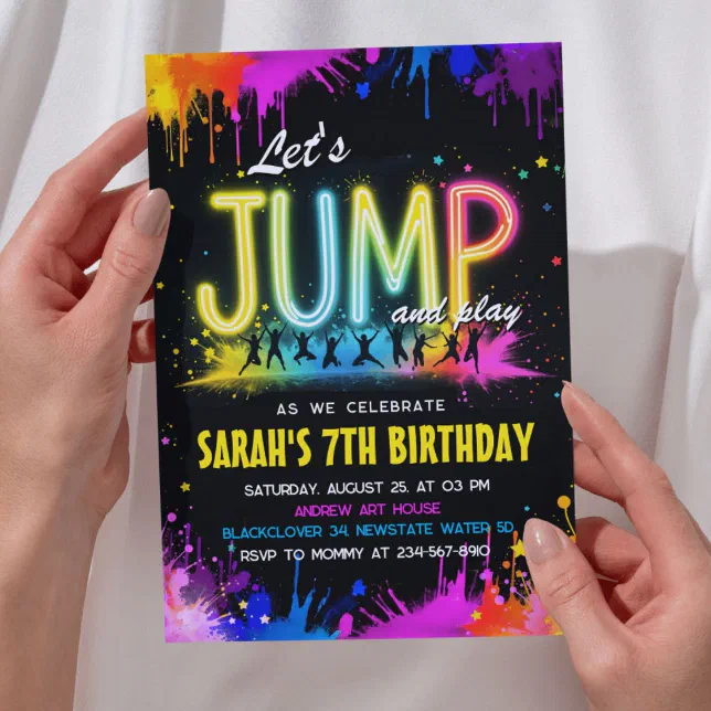 Let’s Jump Party – Neon Splash Birthday Invitation | Zazzle
