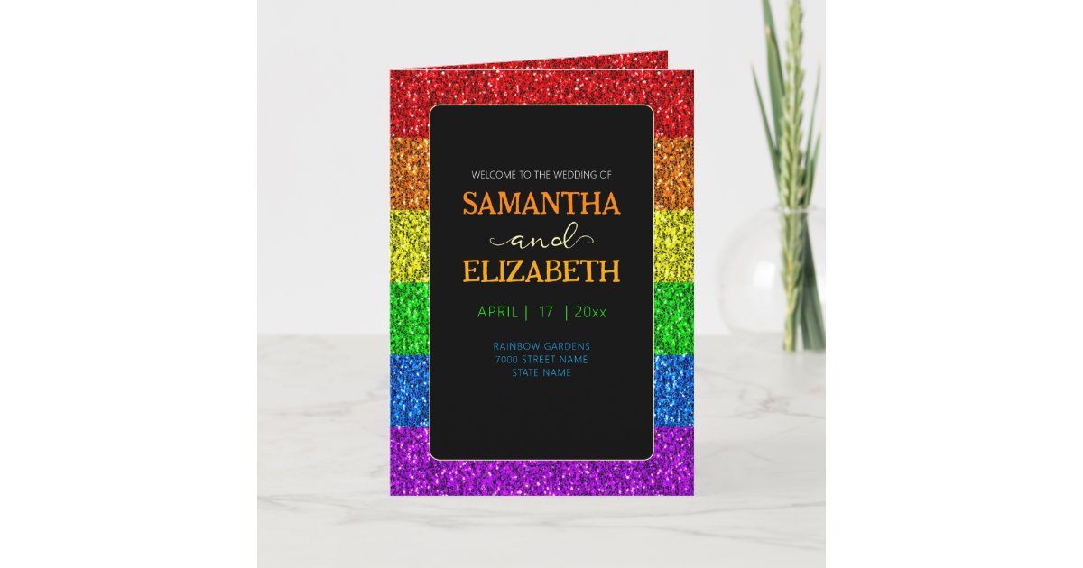 LGBT flag rainbow sparkles gay lesbian wedding Program | Zazzle