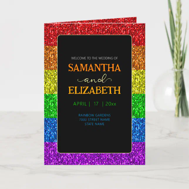 LGBT flag rainbow sparkles gay lesbian wedding Program | Zazzle