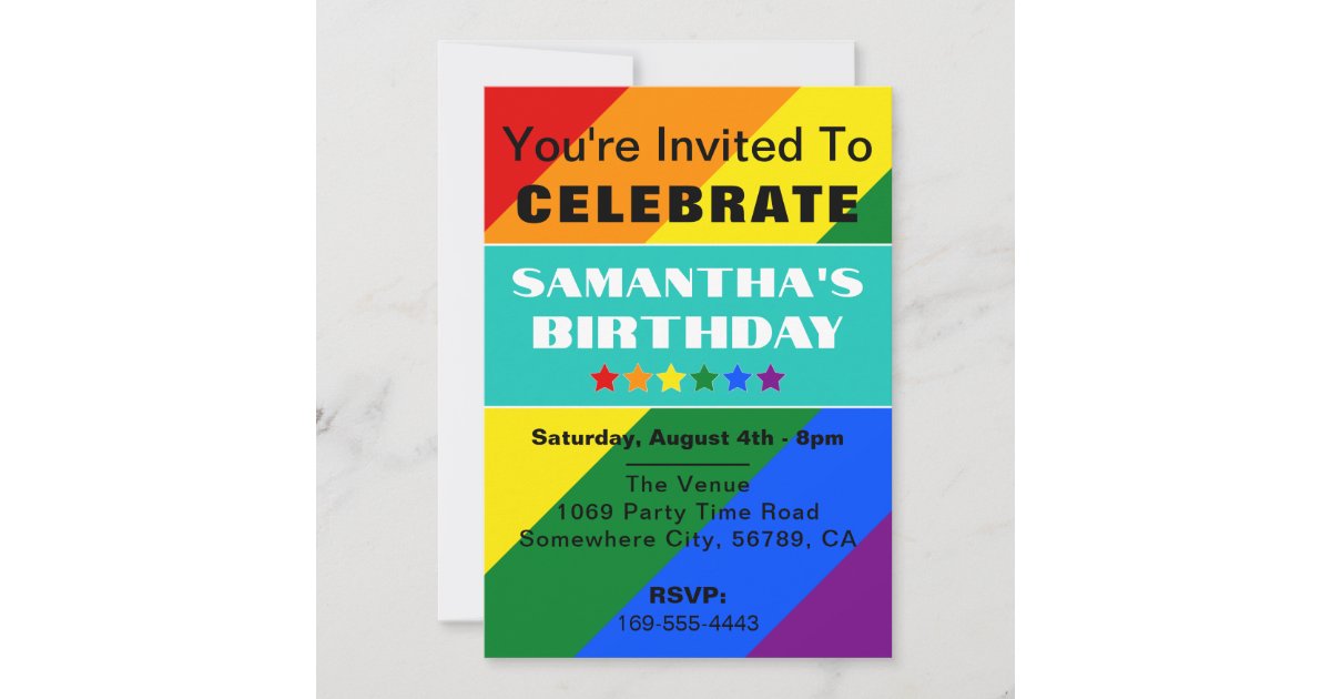 LGBTQ Pride Rainbow Colours Birthday Invitation | Zazzle