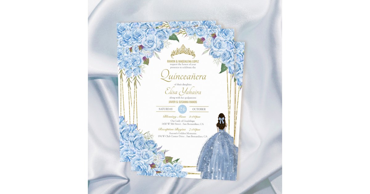 Light Blue Quinceanera Floral Rose Elegant Quince Invitation | Zazzle