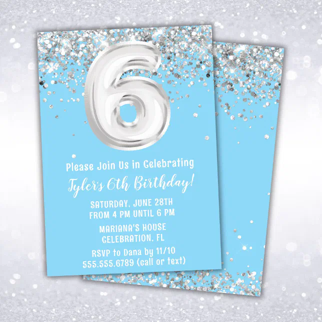 Light Blue Silver 6th Birthday Party Invitation | Zazzle