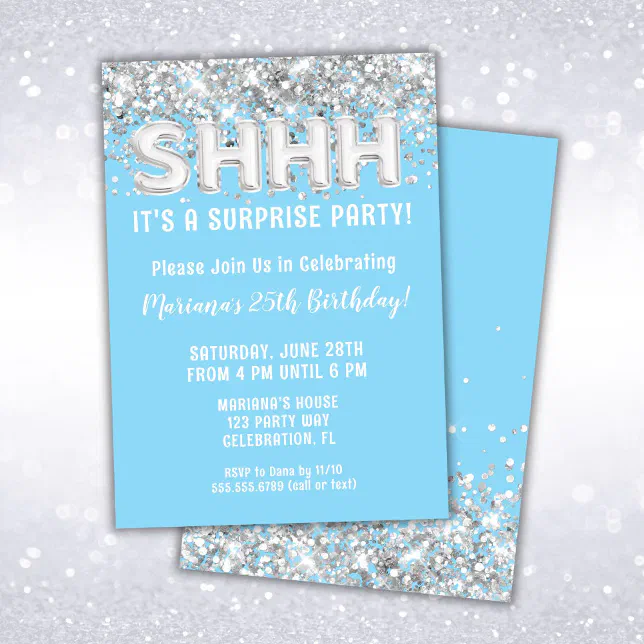 Light Blue Silver Glitter Surprise Birthday Party Invitation | Zazzle