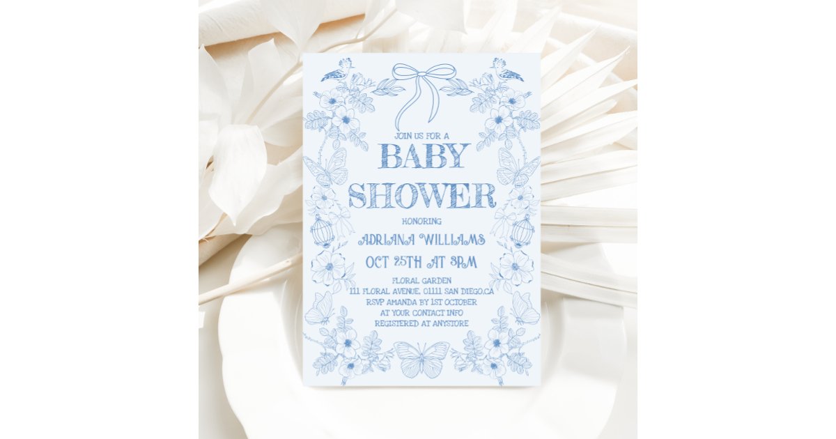 Light Blue Toile Bow Boy Baby Shower Invitation | Zazzle