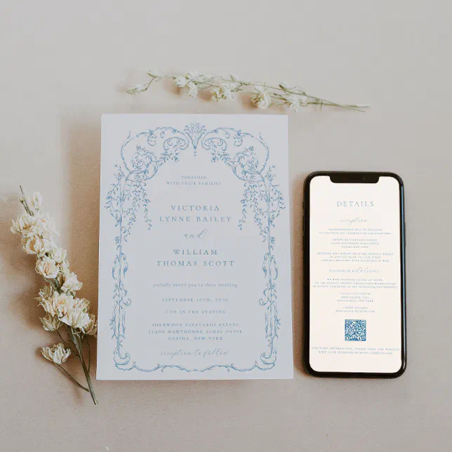 Light Blue Victorian Frame Wedding Invitation | Zazzle