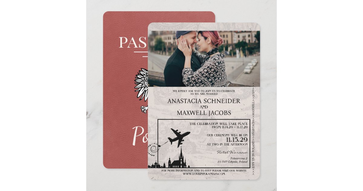 Light Burgundy Poland Passport Wedding Invitation | Zazzle