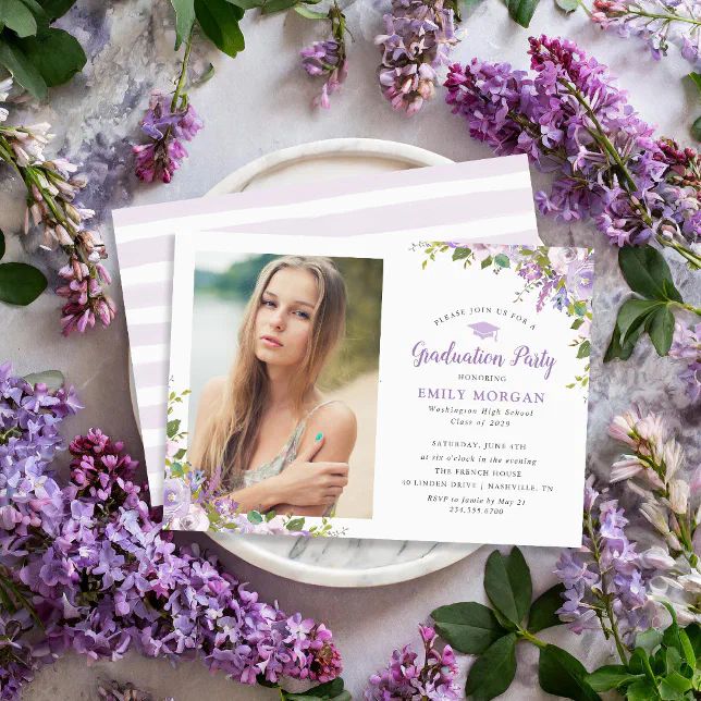 Lilac Floral Photo Graduation Party Invitation | Zazzle