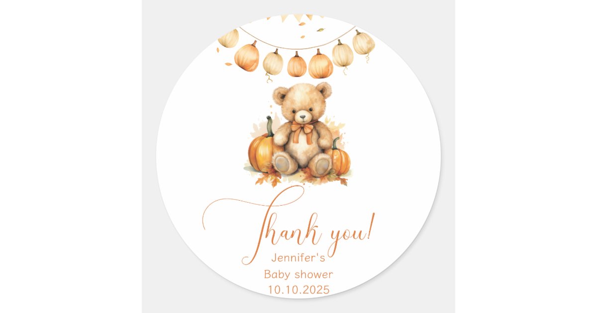 Little bear pumpkin fall baby shower thank you classic round sticker ...