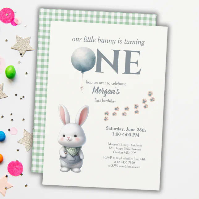 Little Bunny Turning One Blue Boys 1st Birthday Invitation | Zazzle