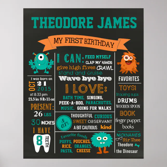 Little Monsters First Birthday Party chalkboard Poster | Zazzle