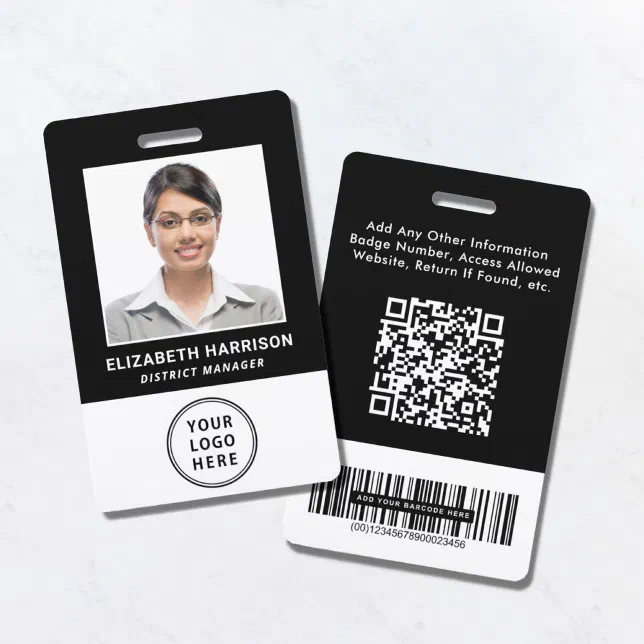 Logo QR Bar Codes Black Employee Photo ID ID Badge | Zazzle