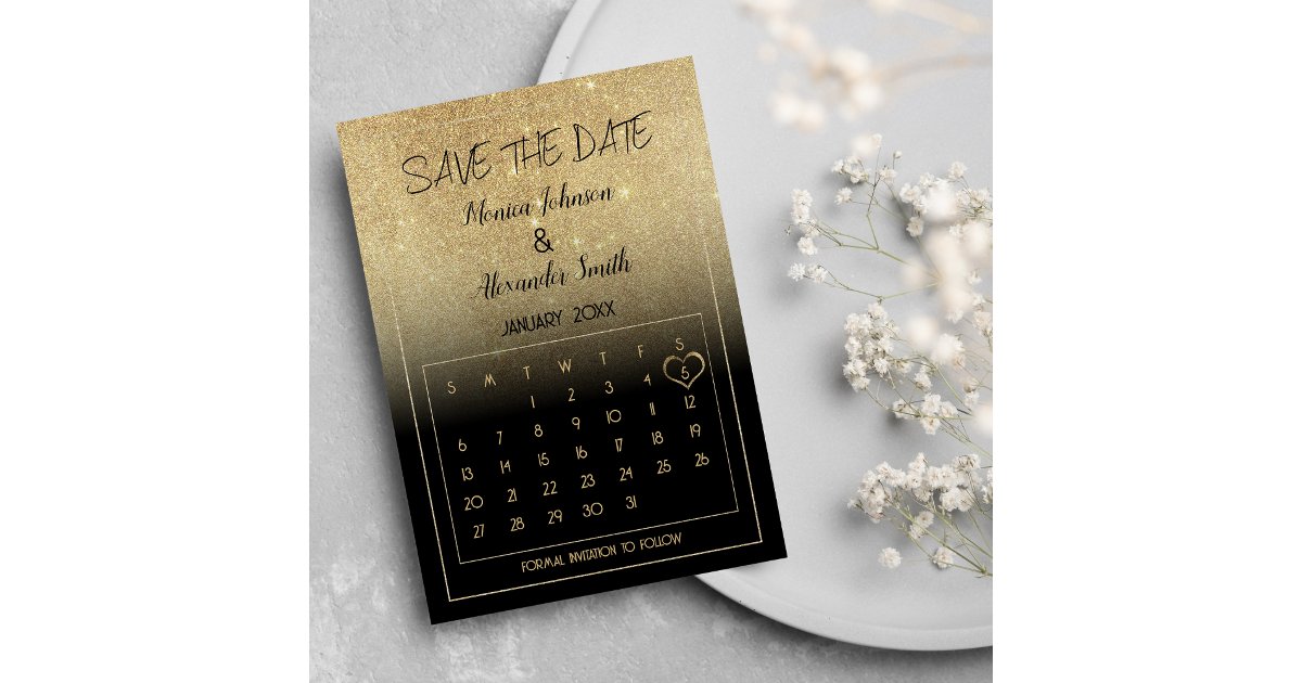 Luxury Black Gold Glitter Calendar Save the Date Announcement Postcard ...