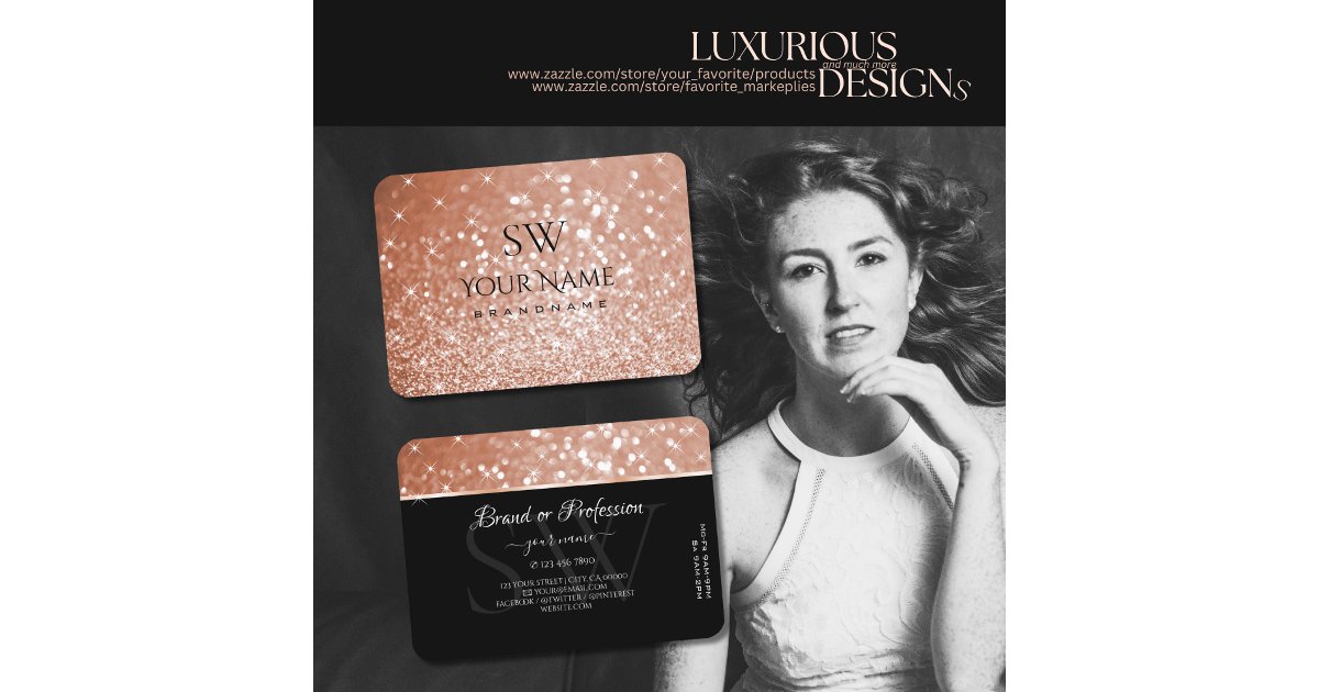 Luxury Rose Gold Glitter Luminous Stars Monogram Business Card | Zazzle