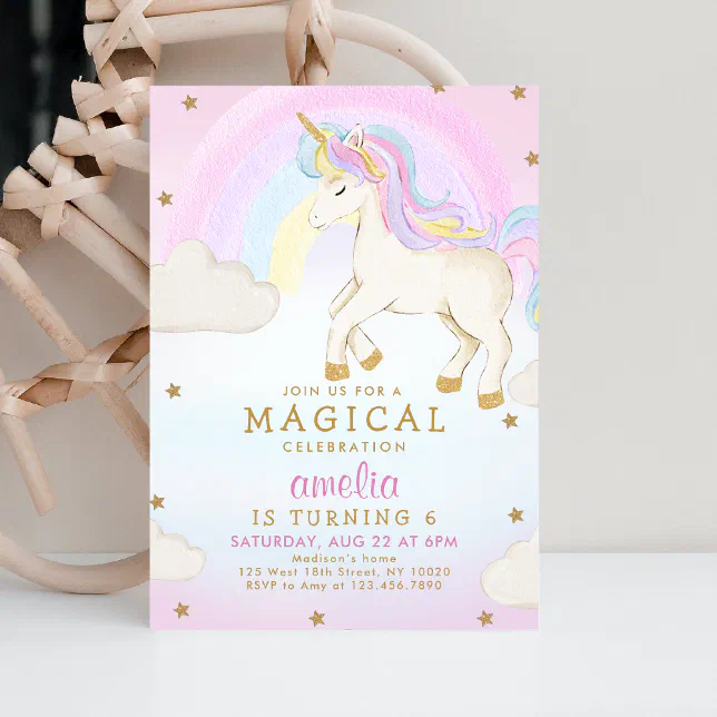 Magical Pastel Unicorn Rainbow Party Birthday Invitation | Zazzle