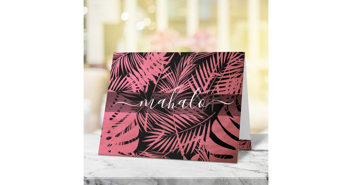 Mahalo pink tropical palm leaf calligraphy script thank you card | Zazzle