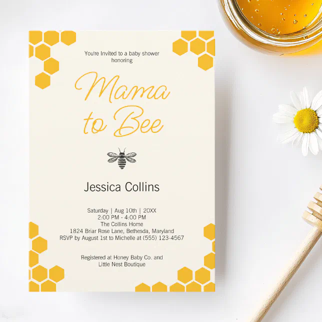 Mama to Bee Modern Honeycomb Bumblebee Baby Shower Invitation | Zazzle