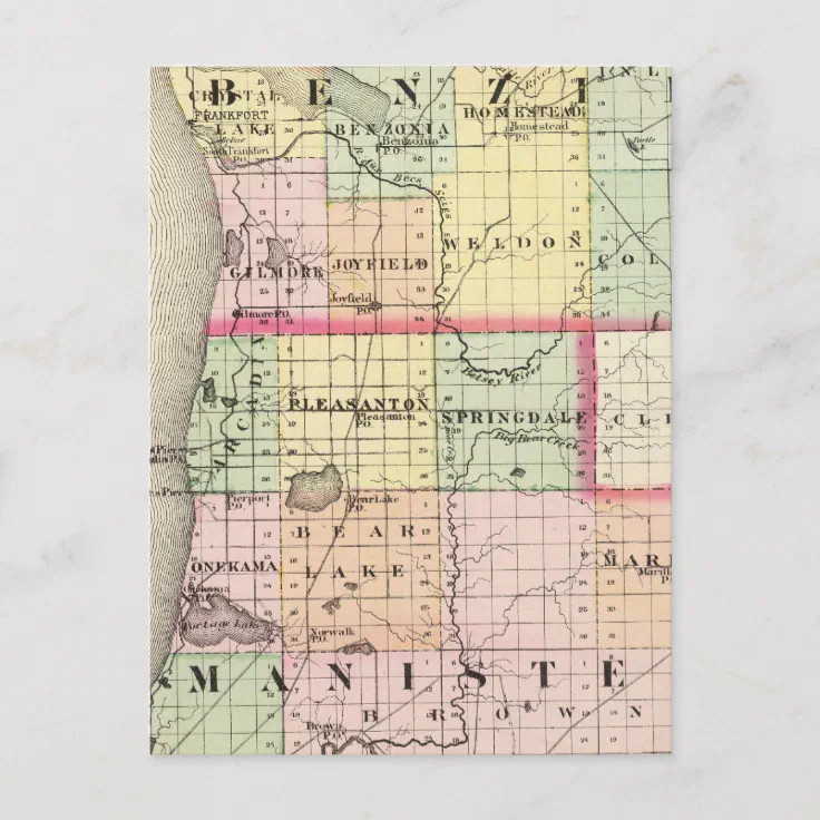 Map of Benzie and Manistee counties, Michigan Postcard | Zazzle