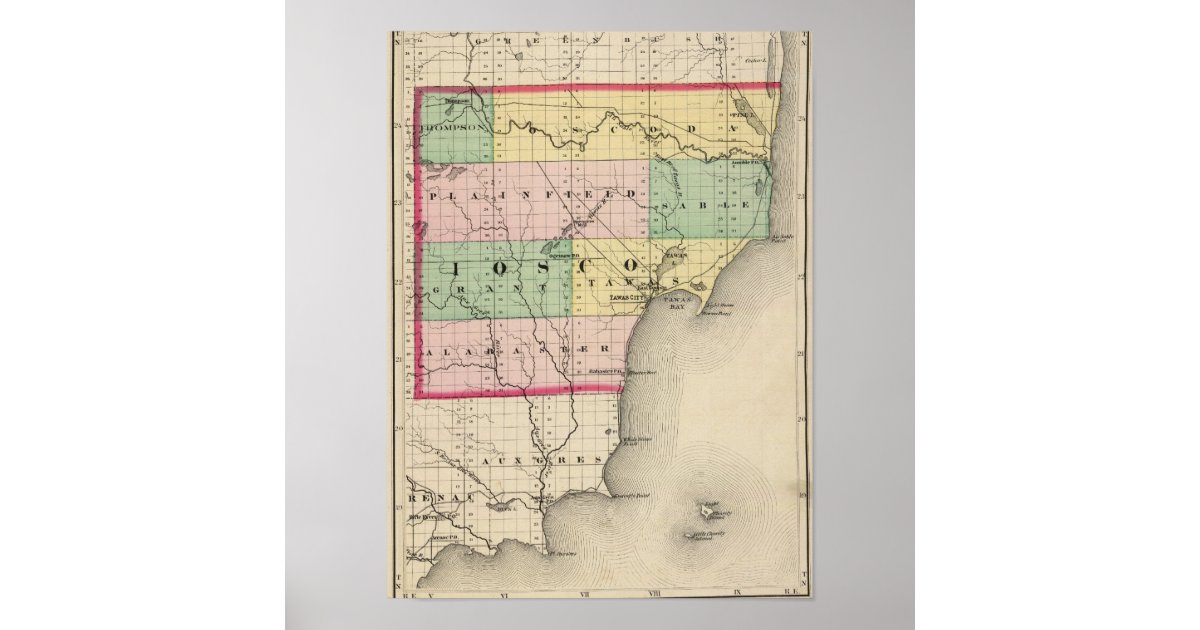 Map of Iosco County, Michigan Poster | Zazzle