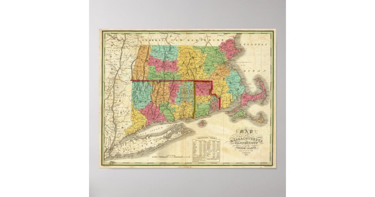 Map of Massachusetts Connecticut And Rhode Island Poster | Zazzle