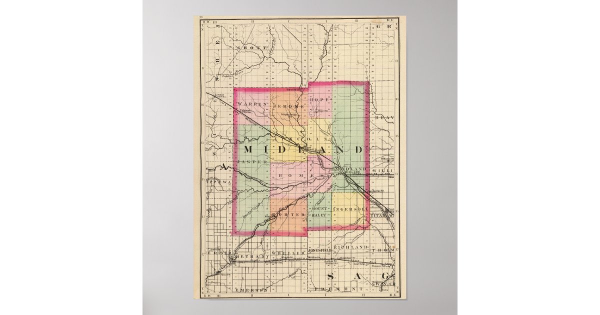 Map of Midland County, Michigan Poster | Zazzle