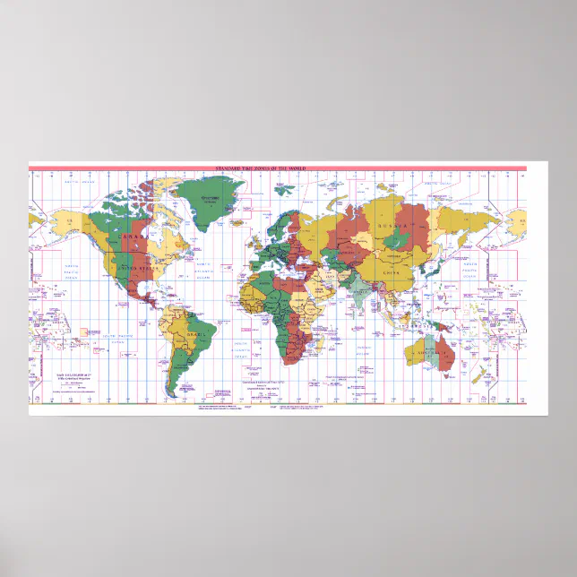 Map of Standard Times Zones of the World Poster | Zazzle