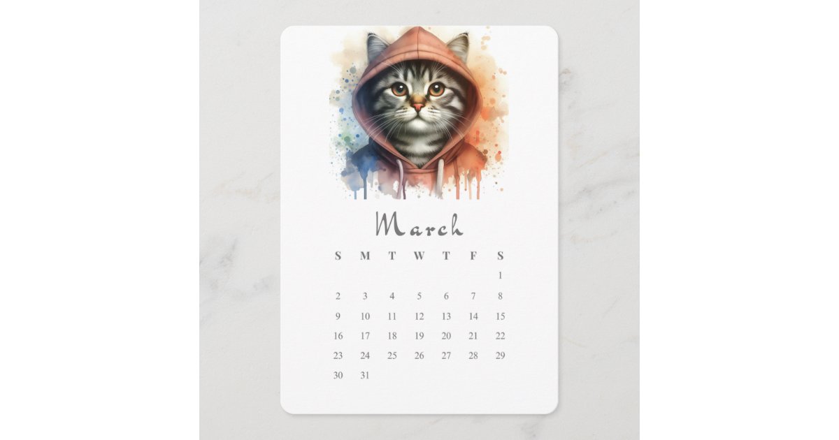 March Stand-Alone Calendar Kitty Cat Splash Art Menu | Zazzle