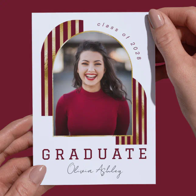 Maroon Gold Arch Photo Graduation Invitation | Zazzle