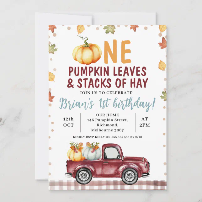 Maroon Truck Pumpkin Leaves Hay 1st Birthday Invitation | Zazzle