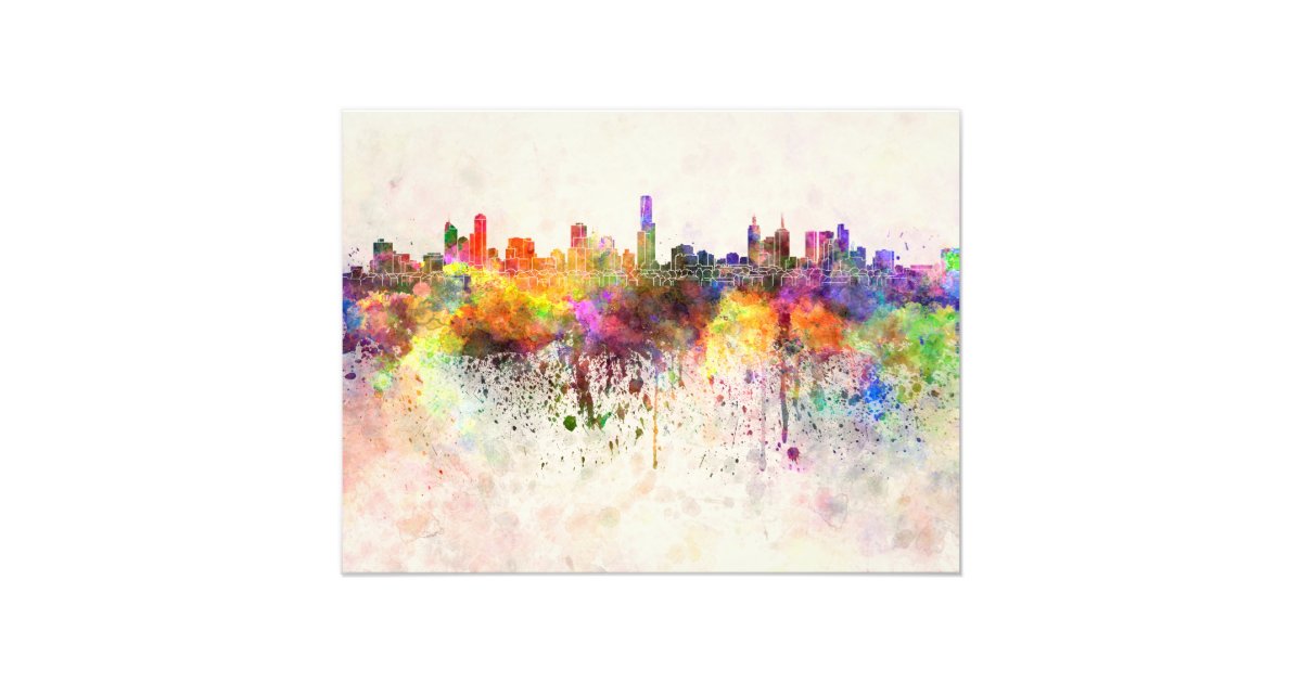 Melbourne skyline in watercolor background photo print | Zazzle