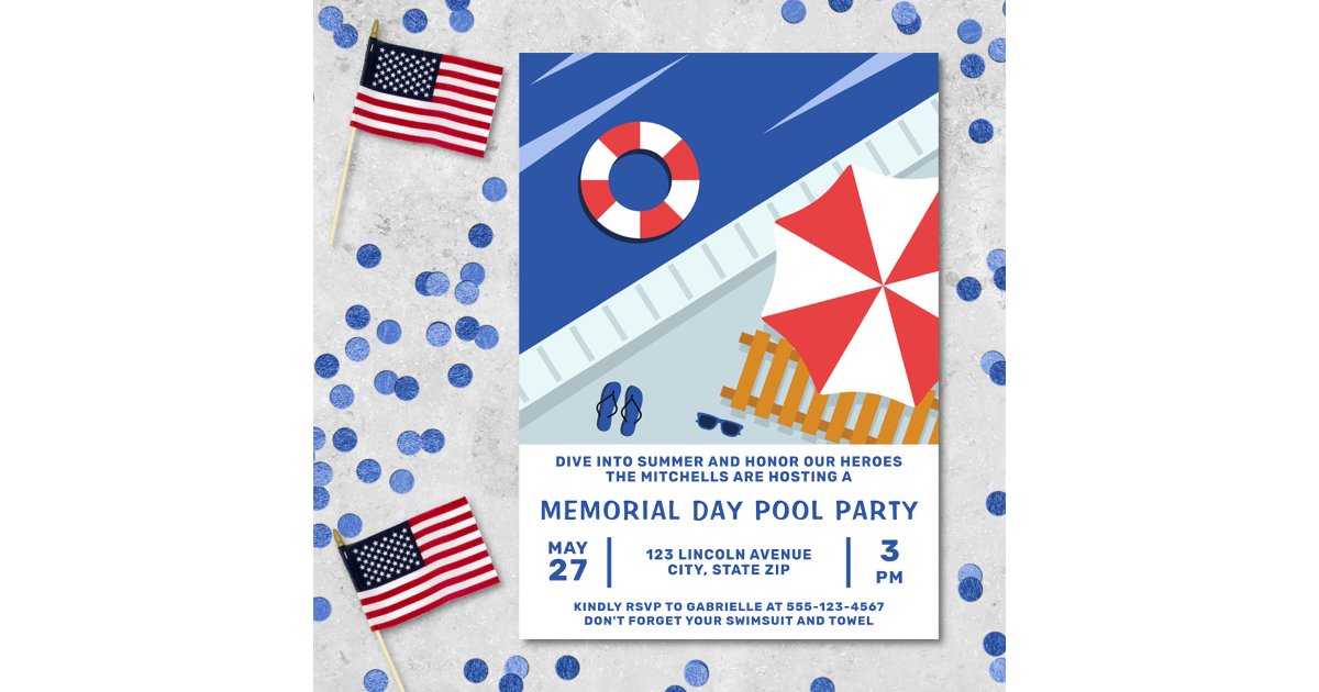 Memorial Day Pool Party Red White And Blue Invitation Zazzle 7098