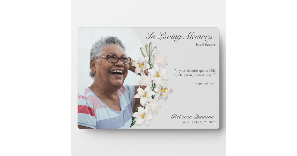 Memorial White Lily Floral Keepsake Custom Photo P Plaque | Zazzle