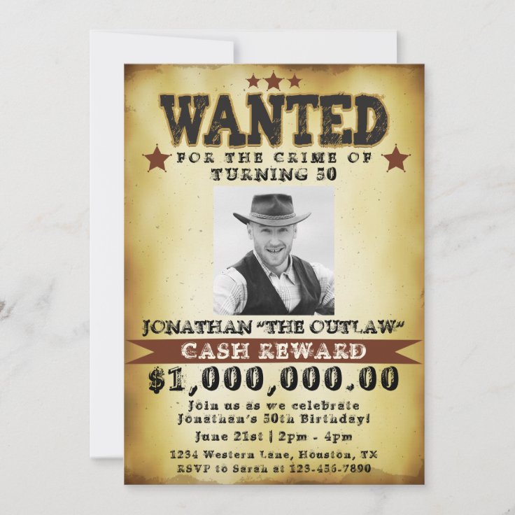 Men 50th Birthday Cowboy Wanted Poster Invitation | Zazzle